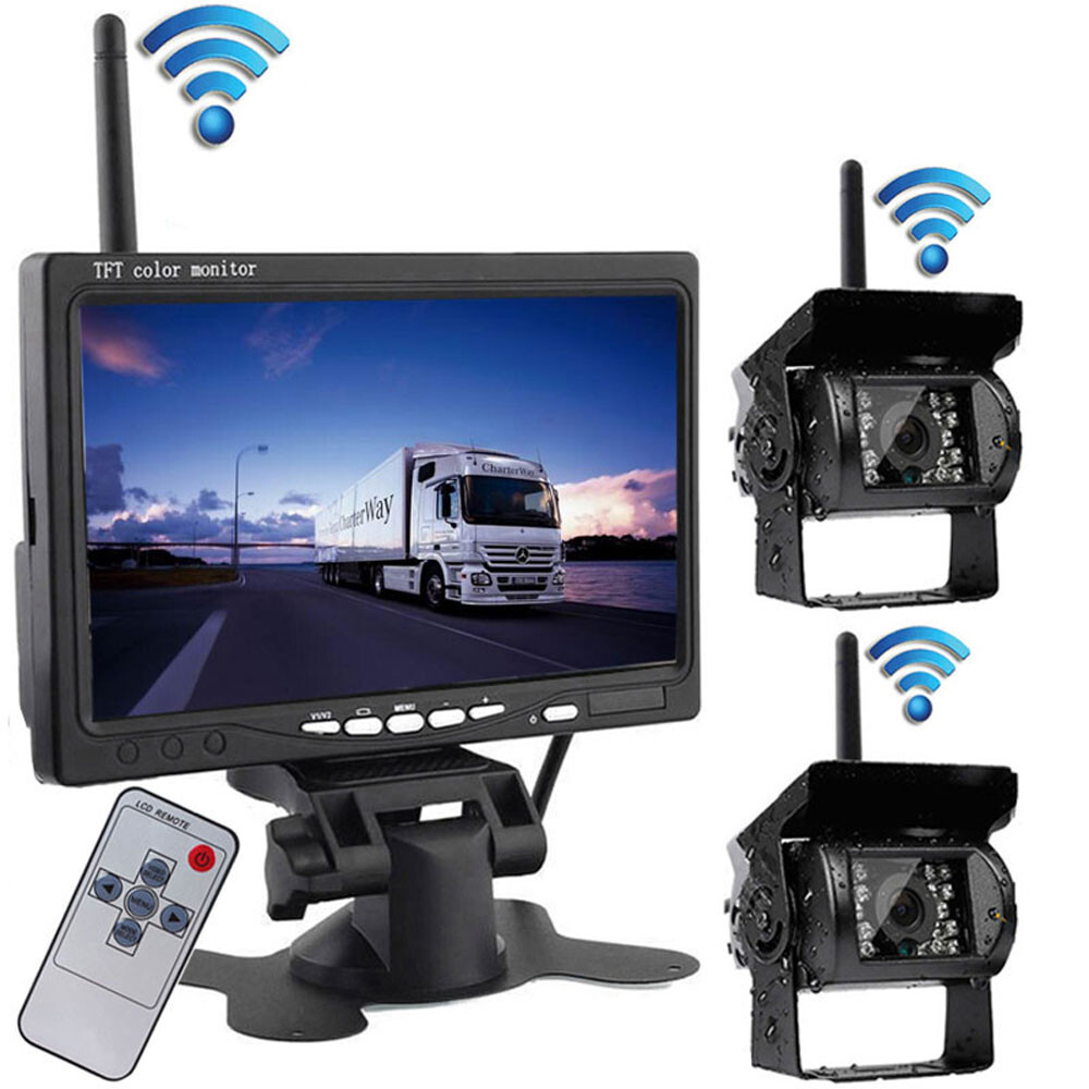 Truck Caravan Bus Car Wireless Dual Rear View Backup Camera 7" LCD ...