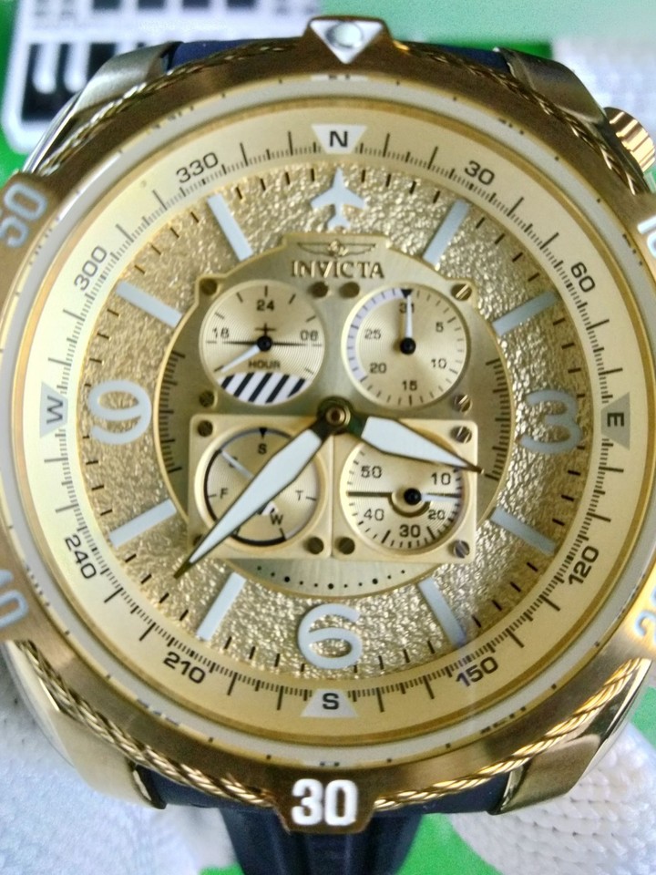 Invicta Men Aviator Gold Tone SS Quartz Watch 30486 Trinite Nite Glow ...