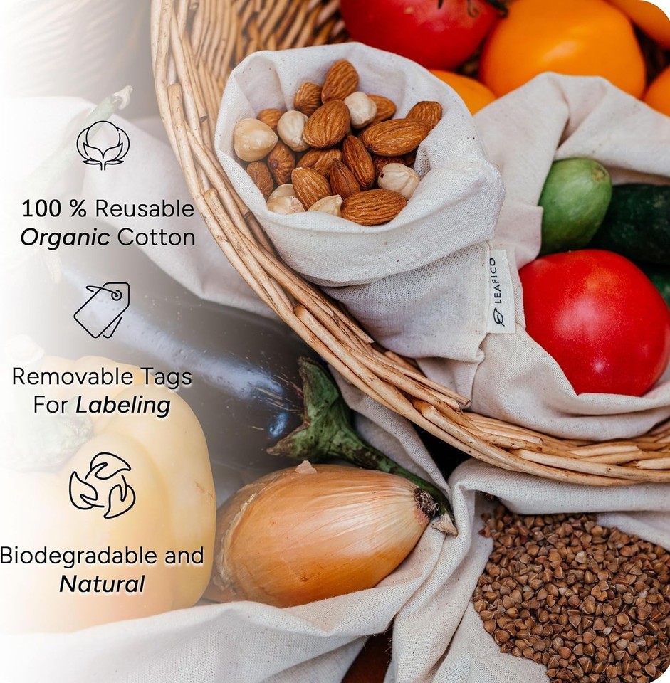 Reusable Muslin Storage Bags - Medium Size 20x25 cm, 12 Pack of Organic ...