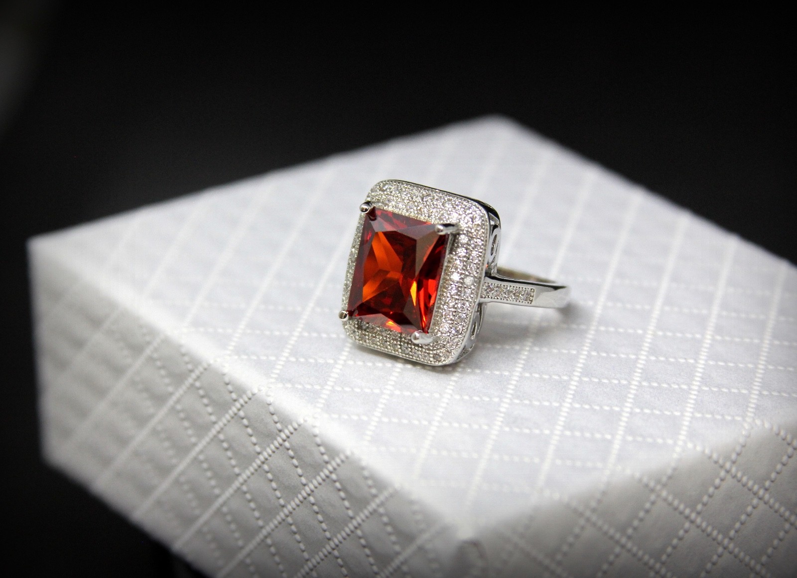 6 cwt. Red Garnet Square Ring made w Swarovski Crystal Rhodium Plated ...