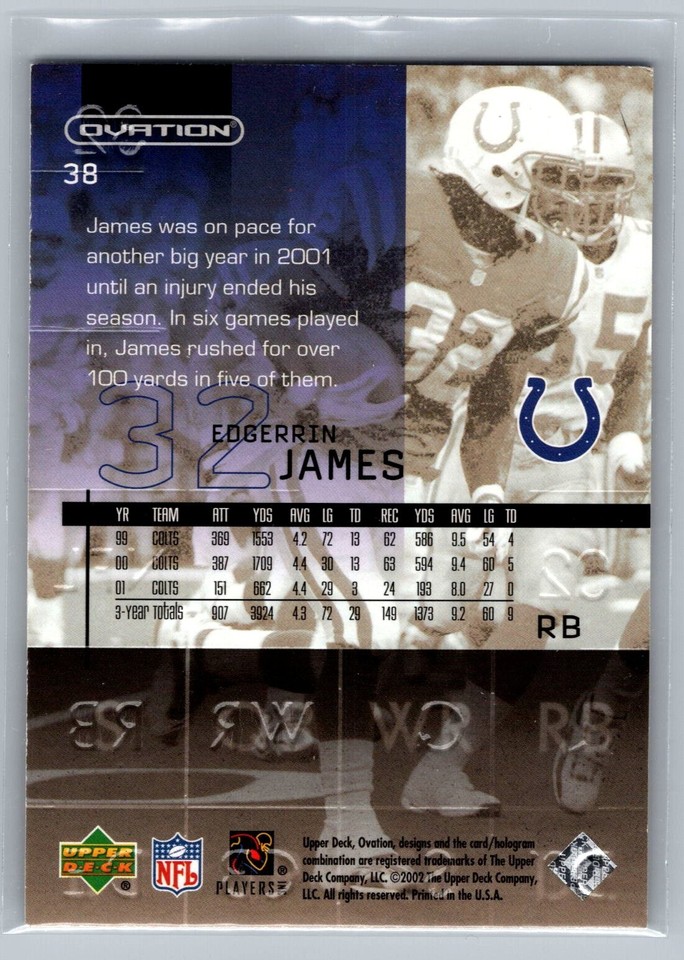 2002 UPPER DECK OVATION CARD # 38 Edgerrin James - Indianapolis Colts ...