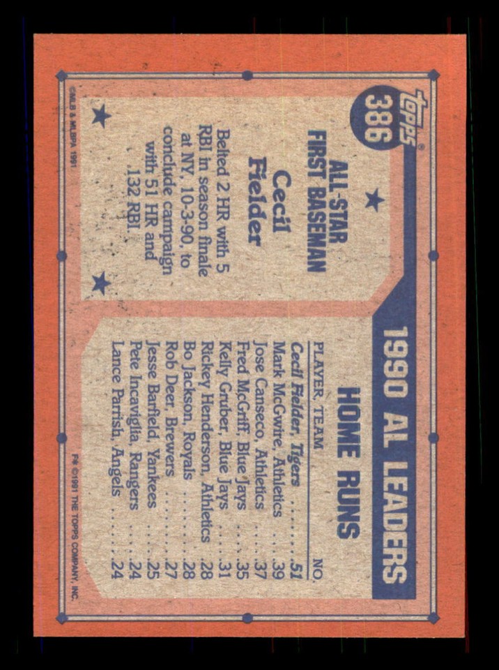 1991 Baseball Topps Cecil Fielder Detroit Tigers #386 AS LL | eBay