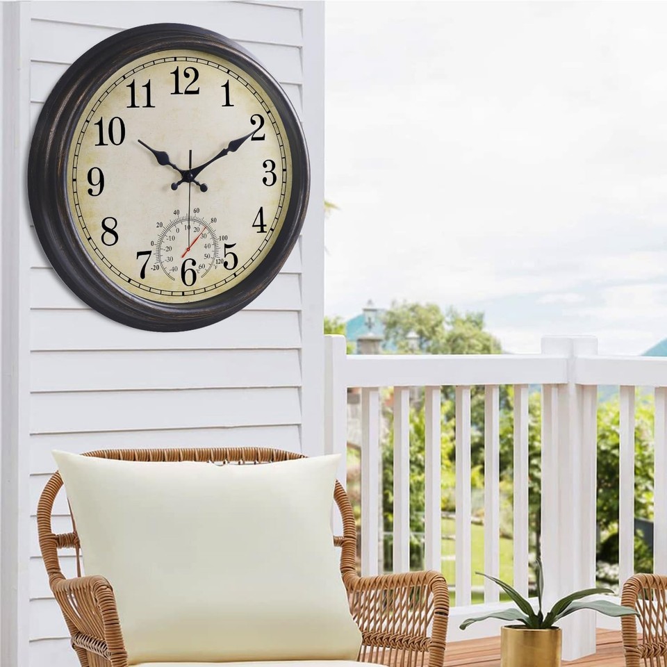 16 Inch Large Outdoor Clock, Waterproof Wall Clock with 16'', Black ...