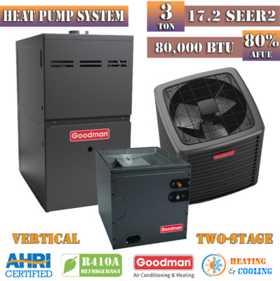 3 Ton Goodman HEAT PUMP Split System w/ Furnace & Coil 17.2 SEER2 80% ...