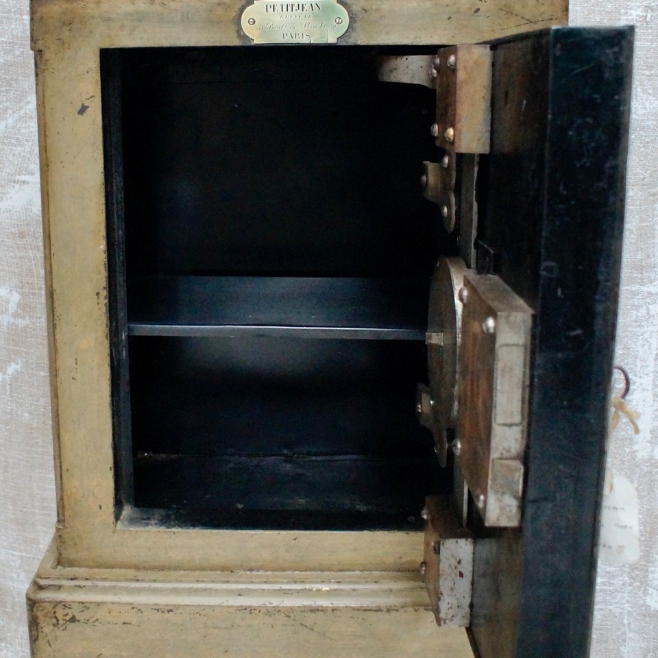 Antique French Petit Jean Stand Up Safe On Oak Base | eBay UK