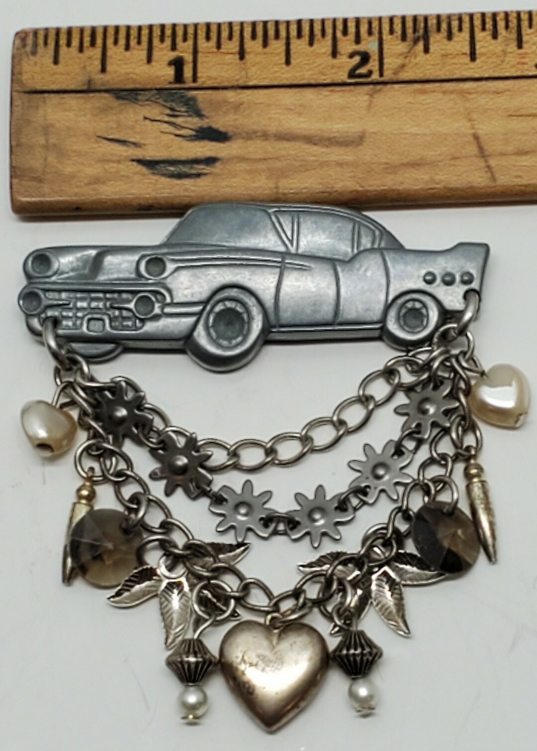 Vtg 57' Chevy Silver Car Lapel Pin w/ Layered Chain Dangle Charms Beads ...