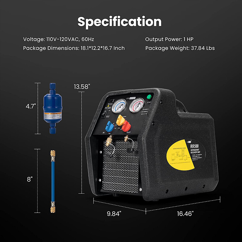 R1234YF 1 HP Dual Cylinder Refrigerant Recovery Machine Oil-Less Freon ...