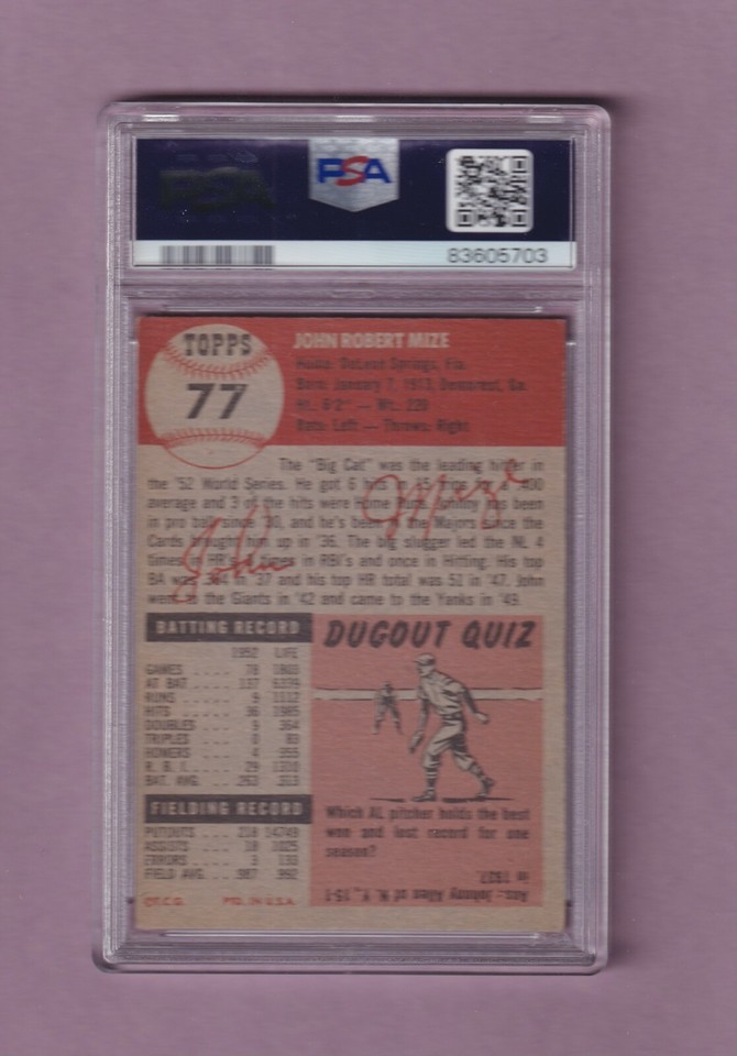 1953 TOPPS JOHN MIZE GRADED BASEBALL CARD #77 - PSA 5.5 EXCELLENT+ COND ...