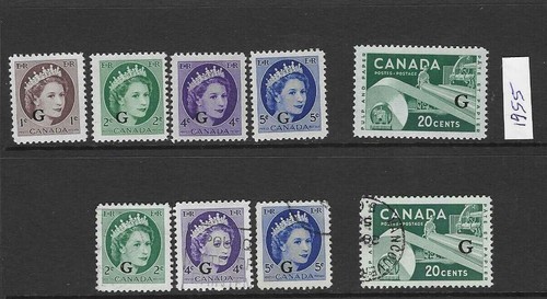 9 Canadian 1955-56 "G" O/P stamps REDUCED MH (Wilding/paper mill)($2.15 ...