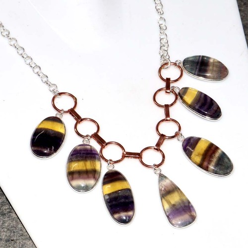 Fashion Forwarded Rainbow Fluorite Two Tone Gemstone Necklace 18" GW | eBay