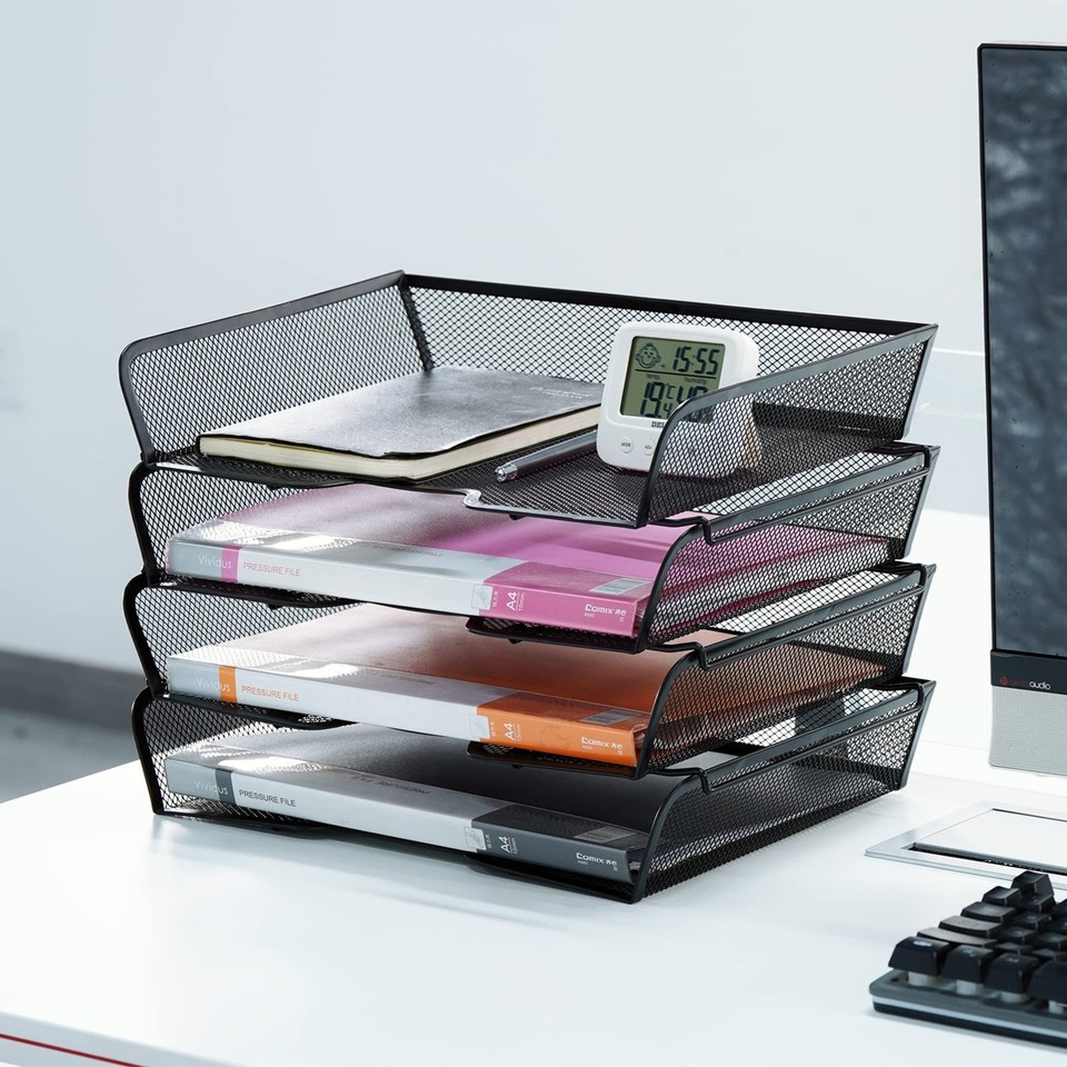 4 Tier Mesh Stackable File Trays Letter Trays,Office Paper Organizer ...