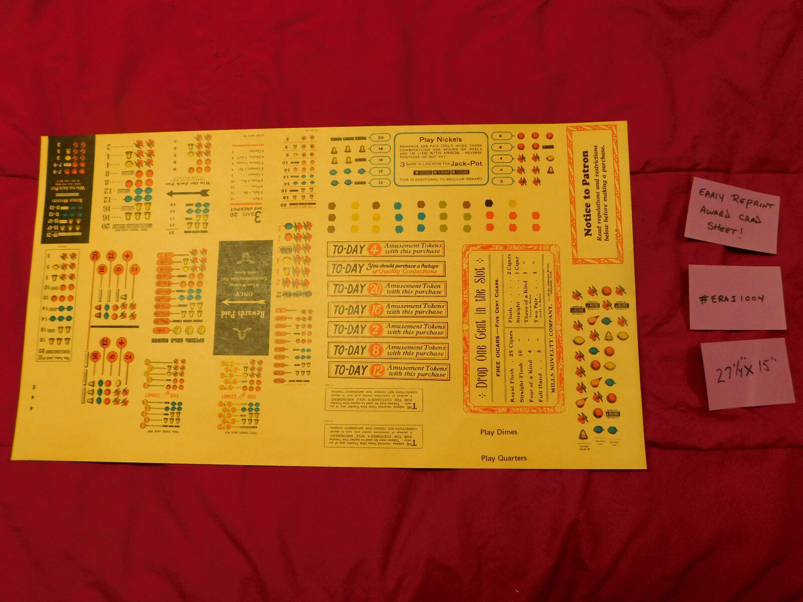 VINTAGE FULL COLOR UNCUT BUFF SHEET ANTIQUE SLOT MACHINE AWARD CARDS # ...