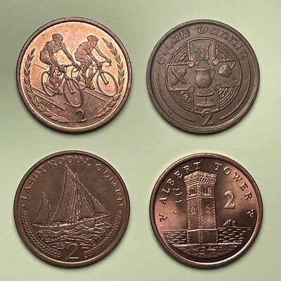Isle of Man 2p coin set of 4 x coins Boat Cross Cycling Tower ...