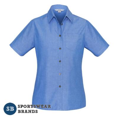 Womens Chambray Short Sleeve Shirt Work Ladies Tradie Worksite Top ...
