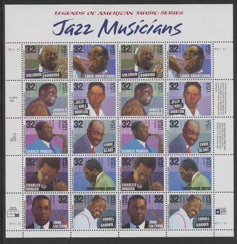 US 2992a (2983-92), 1995 32c JAZZ MUSICIANS, $6.40 PANE OF 20, MNH ...