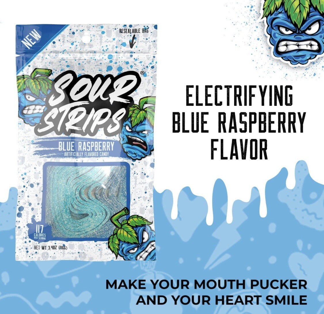 Sour Strips BLUE RASPBERRY & STRAWBERRY Flavored Chewy Candy 24 Strips ...