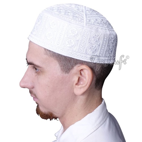 White Embroidered Textured Rigid Pakistani-style MUSLIM Kufi Hat Topi ...
