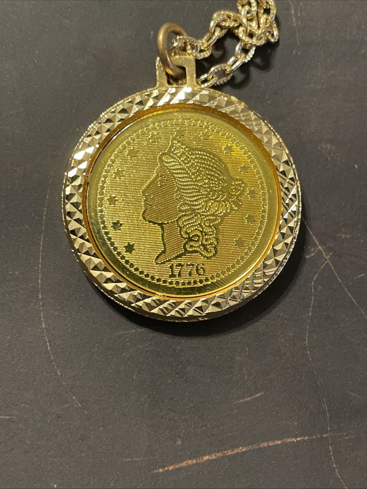 VTG gold tone necklace commemorative replica 1776 Bicentennial $20 coin ...
