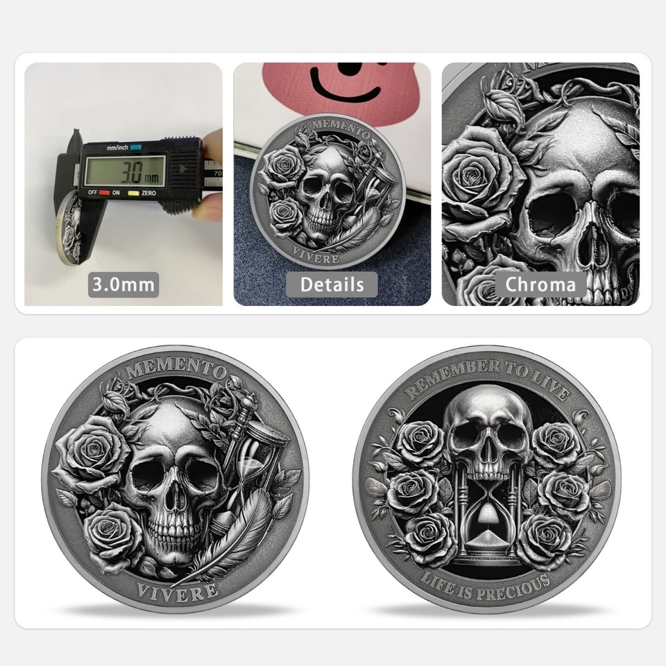 10pc Silver Rose Skull Memento Mori Coin DEC Stoic Reminder Challenge ...
