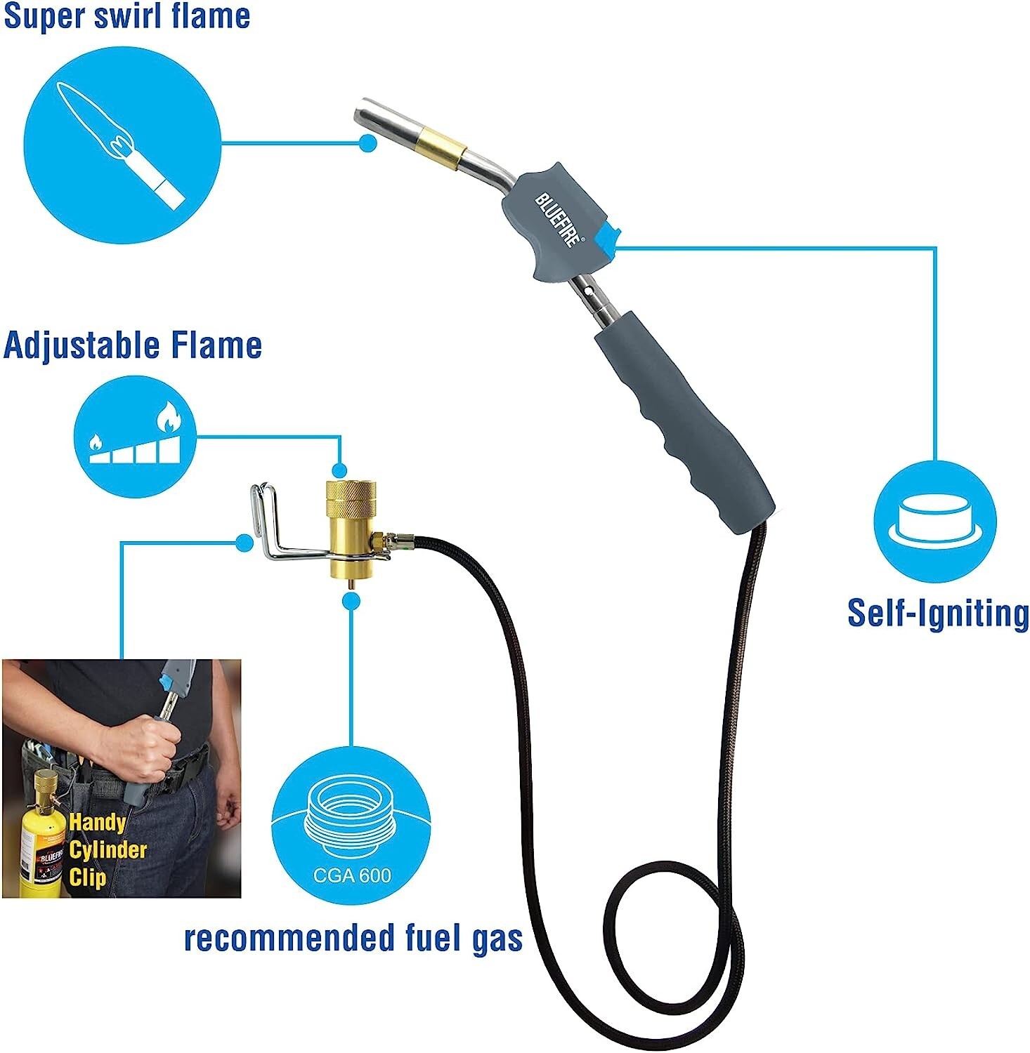 BLUEFIRE Self Ignition Gas Welding Turbo Swirl 3'Hose Flame Torch ...