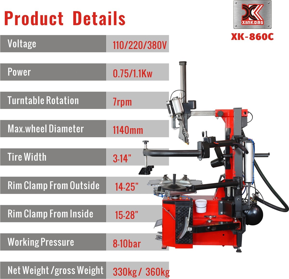 XK 806C Tire Changer Machine 2.0 HP Rim Clamp 14”-28“ Auto Repair Wheel ...