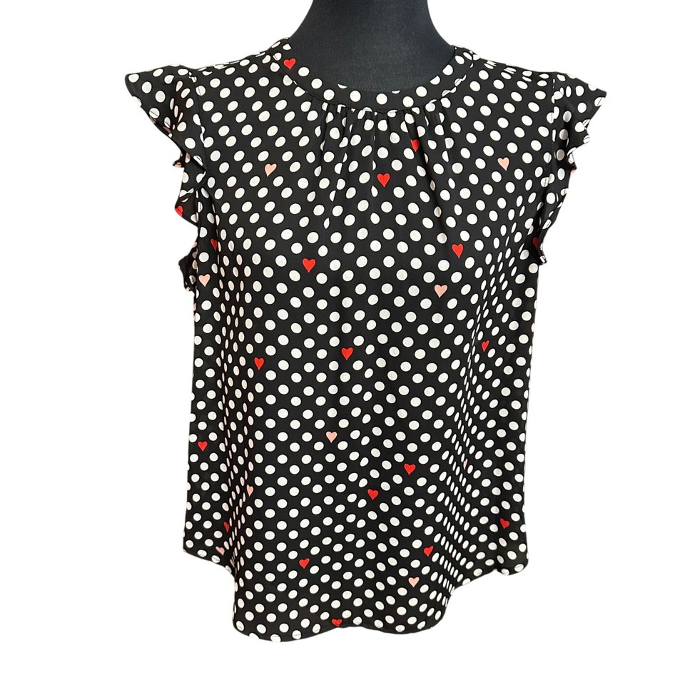 Popsugar Shirt Women L Black White Polka Dot Pink Red Hearts Ruffle ...