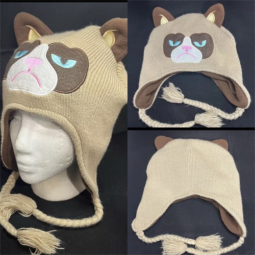 Grumpy Cat Laplander Beanie Hat Ripple Junction Logo Knit Ear Flap Cap ...