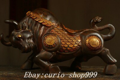 15"China Dynasty Pure Bronze Gilt Copper Money Wealth Cattle Cow Ox ...