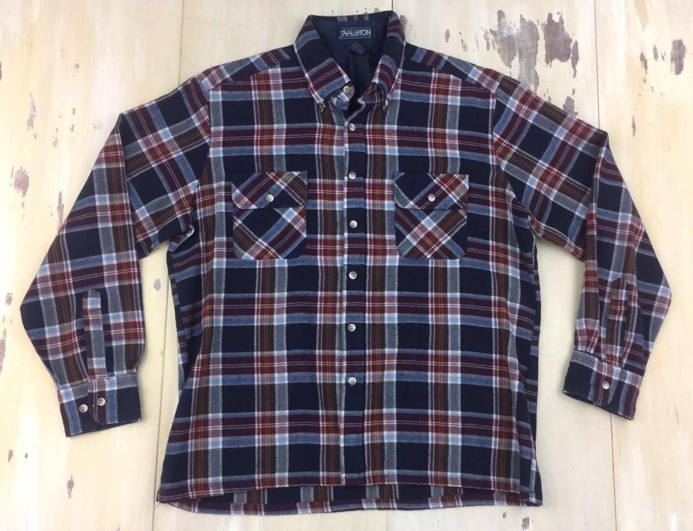 TARLETON - Vtg 80s Navy Blue & Brown Plaid Acrylic Outdoors Shirt, Mens ...
