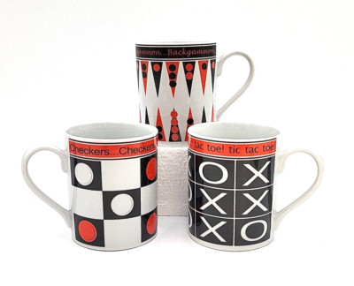 Set (3) I. Godinger & Co. Coffee Mugs Checkers Backgammon Tic Tac Toe ...