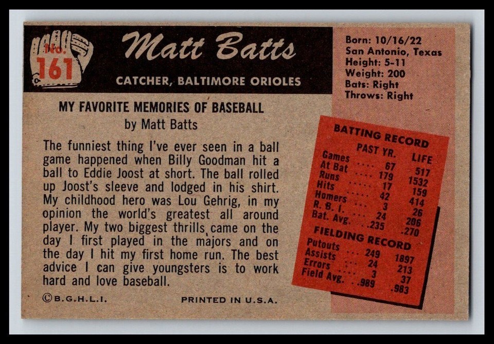 1955 BOWMAN BASEBALL # 161 MATT BATTS 25802 | eBay