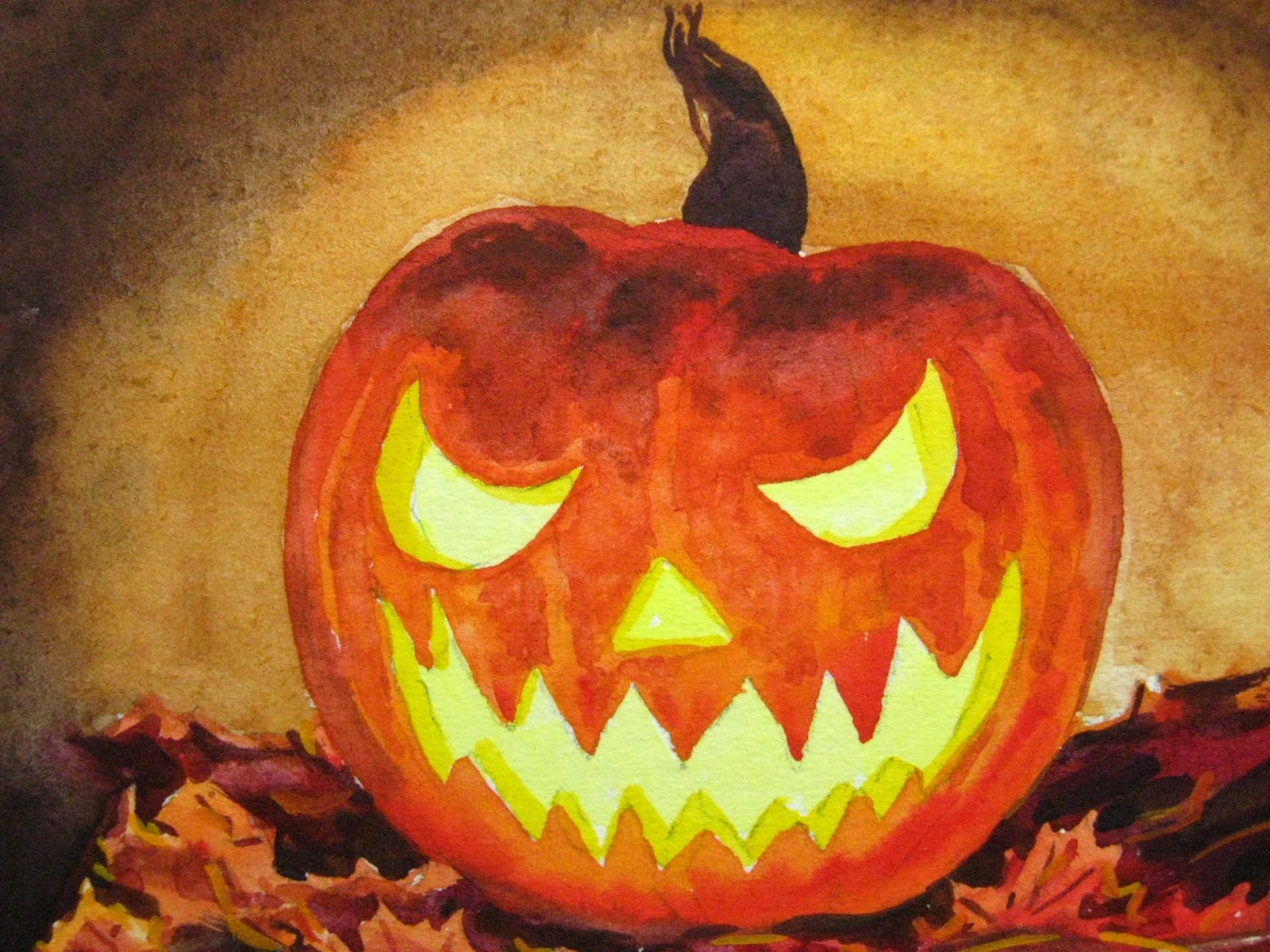 Painting Halloween Pumpkin Jack O Lantern Face Candle Light Fall Leaves ...