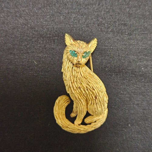 Vintage Italy CPS 18K Yellow Gold Emerald Eyes Cat Brooch Pin - 21 ...