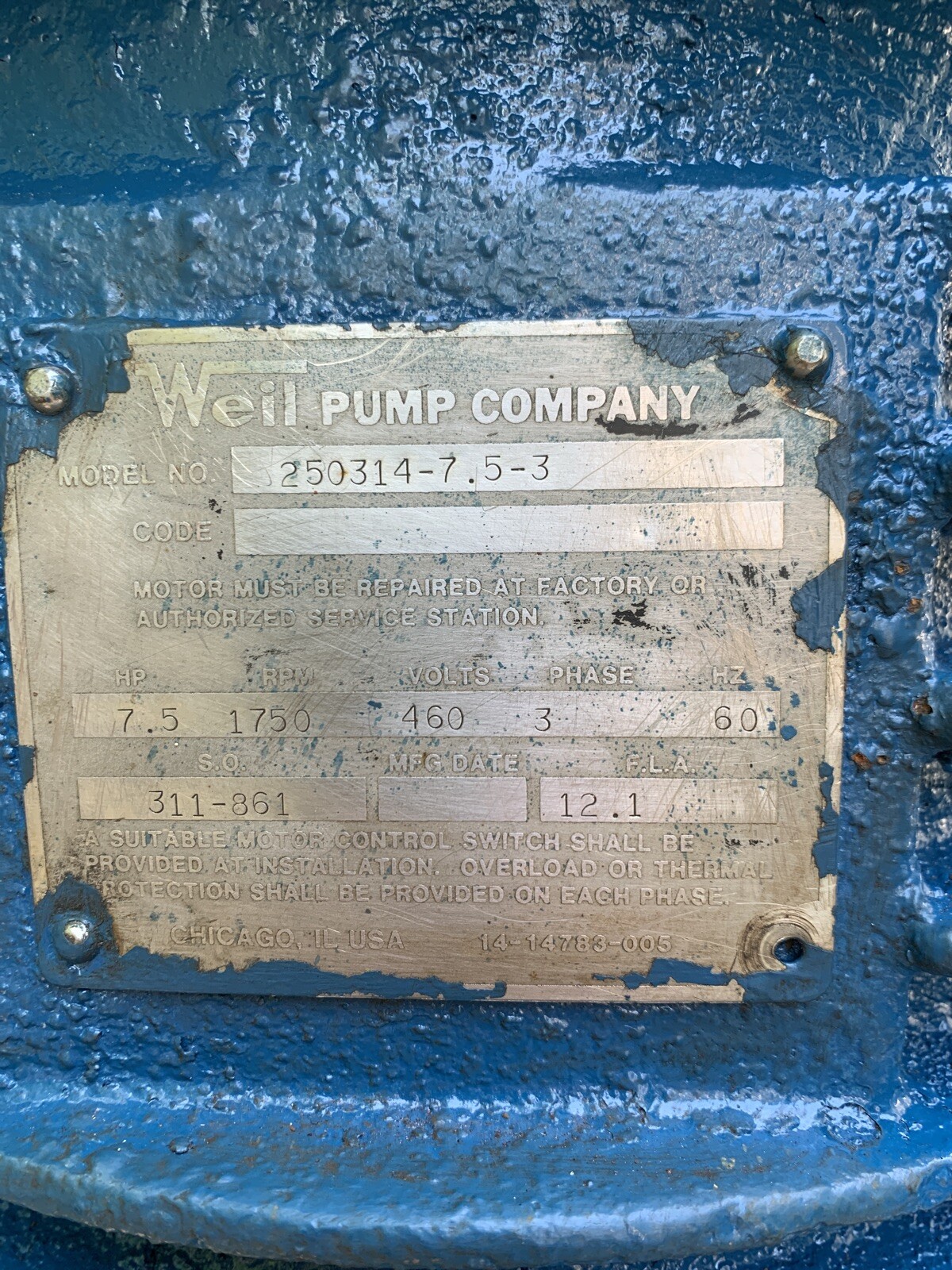 WEIL SEWAGE PUMP 250314-7.5-3 7.5HP, 1750RPM 460V **REBUILT** | eBay