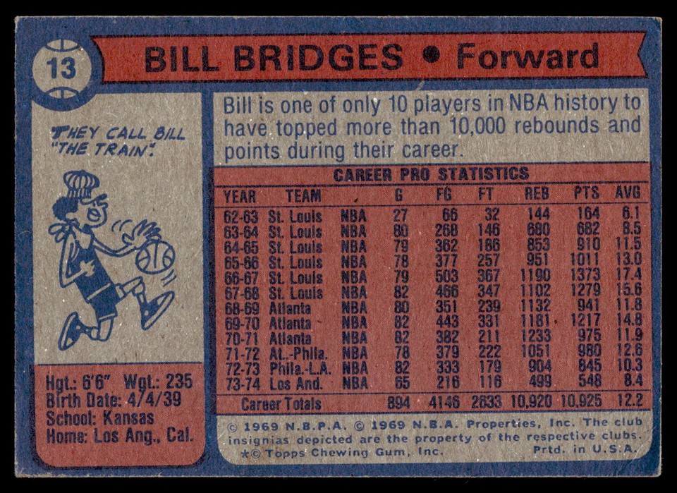 1974-75 Topps #13 Bill Bridges | eBay