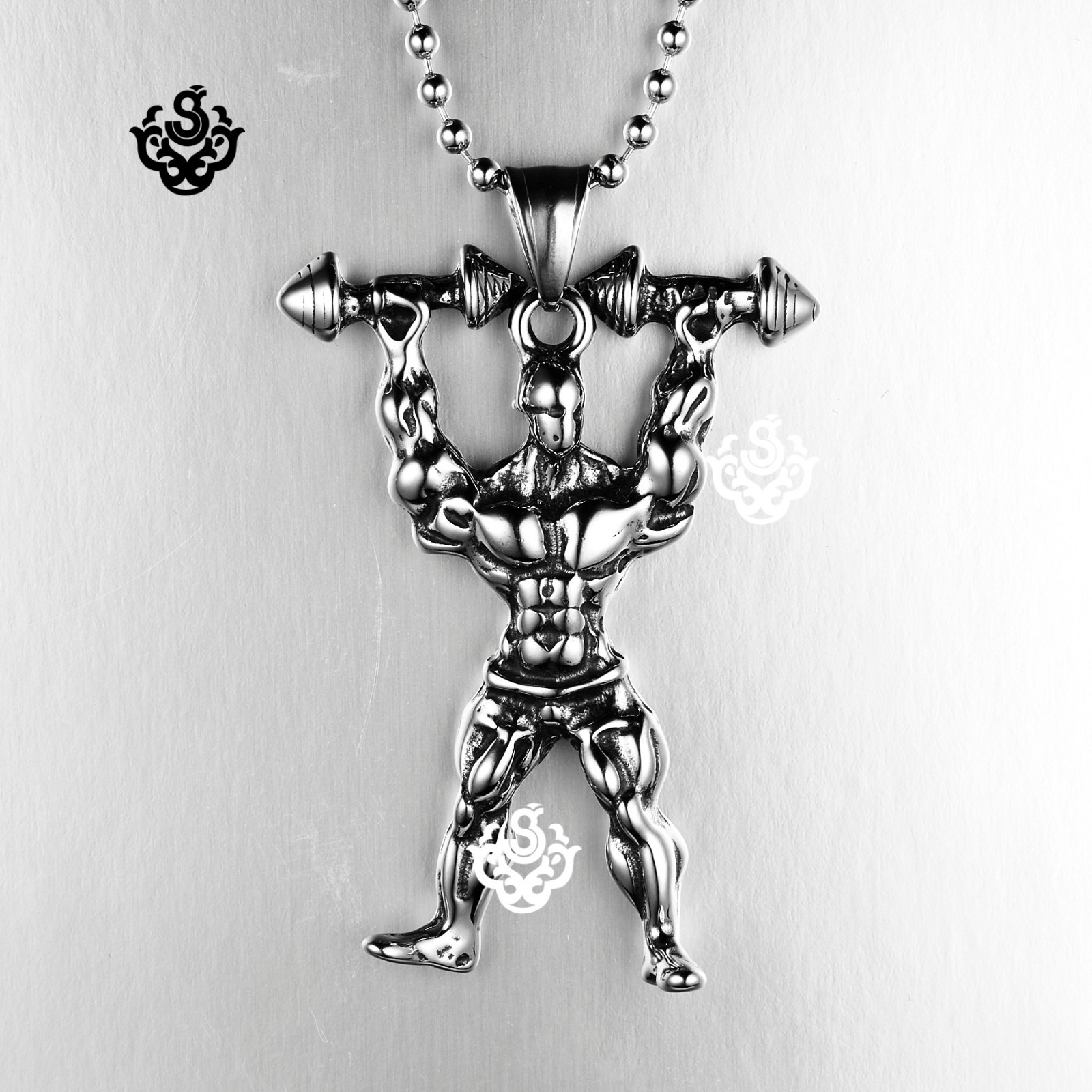 Silver Stainless Steel Bodybuilder Hat Weight Dumbbells Pendant Chain ...