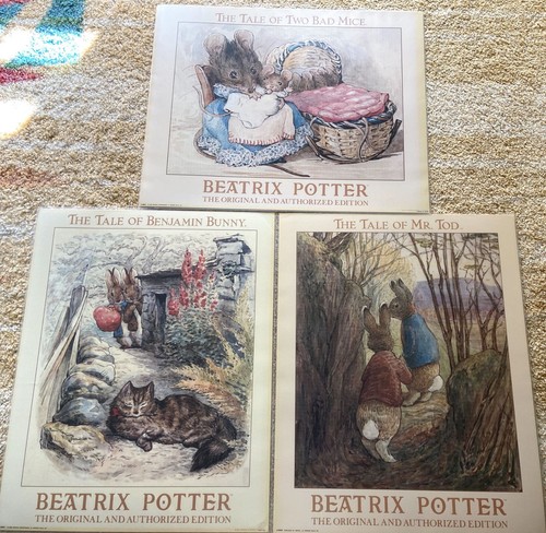 3 Vintage Beatrix Potter Posters Benjamin Bunny, Two Bad Mice, Mr Tod ...