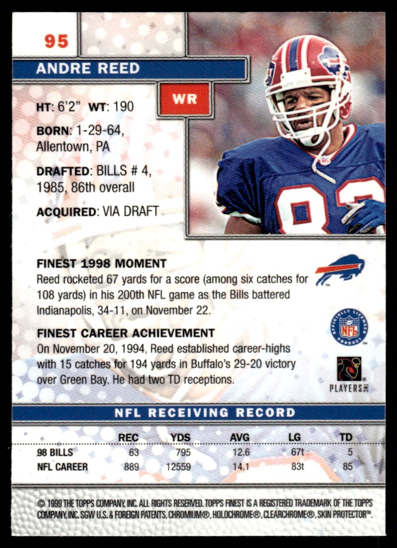 1999 Finest Football Card Andre Reed Buffalo Bills #95 | eBay