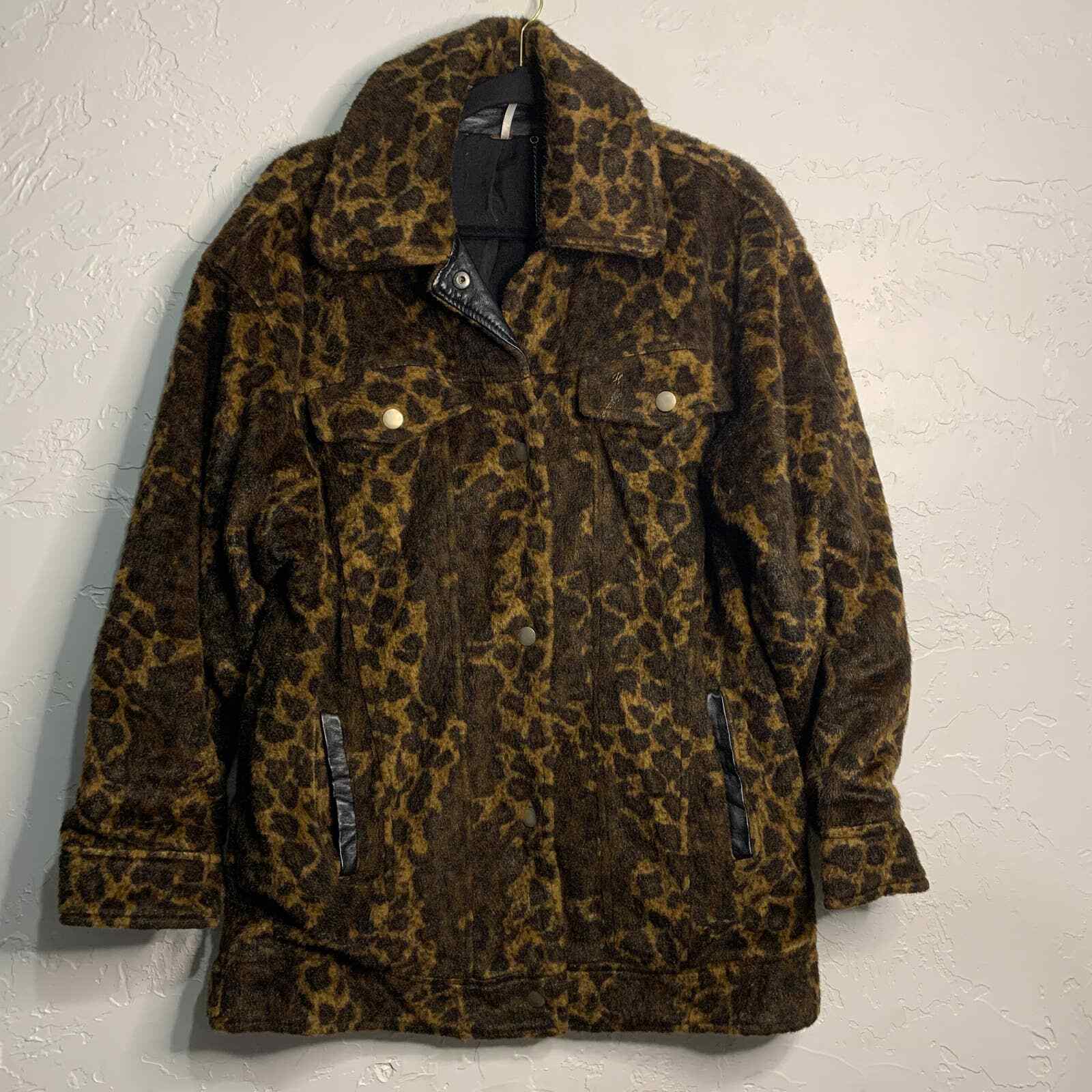 Free People Brown Leopard Print Faux Leather Trim Jac… - Gem