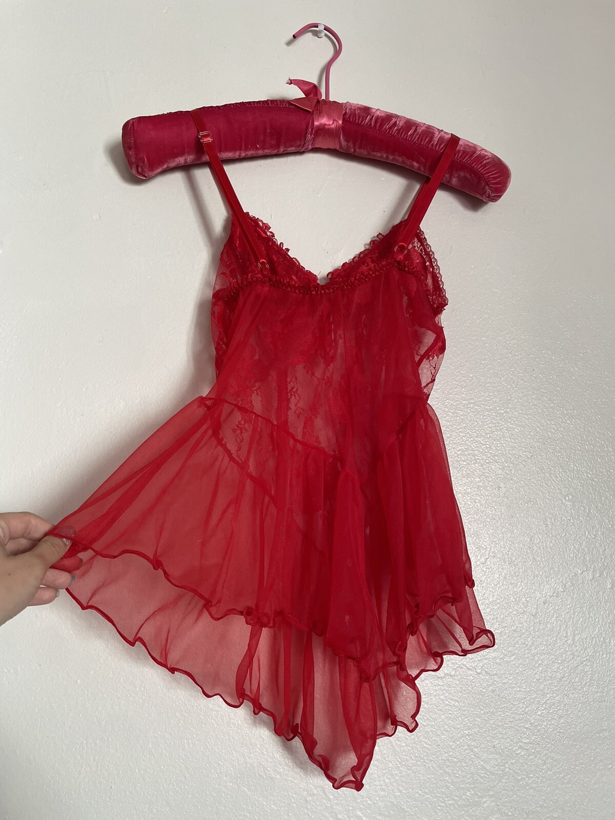 VTG 1970s 1980s Lingerie SET Red Nylon Lace Ruffles … - Gem