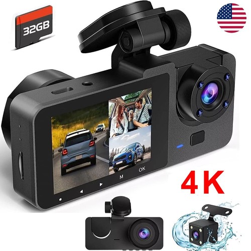 4K Dash Cam Front,Rear and Inside Dual Dash Camera 3Channel With 32GB ...