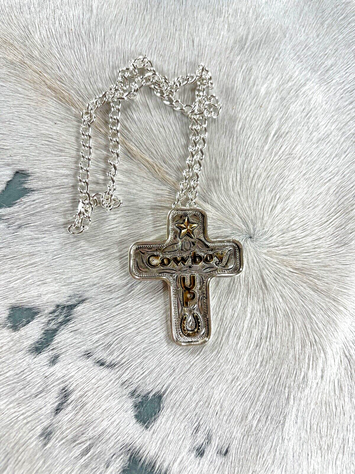 Western Mens Necklace 18 in Cowboy Up Cross Rodeo Silver Gold Accents ...