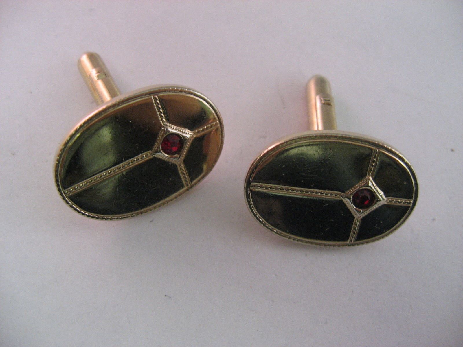 Vintage Mens Oval Cufflinks Gold Tone Red Rhinestone Art Deco Style ...
