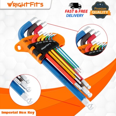 Ball End Hex Key Set 9pcs Long Arm Colour Coded Imperial Hexagon Key ...
