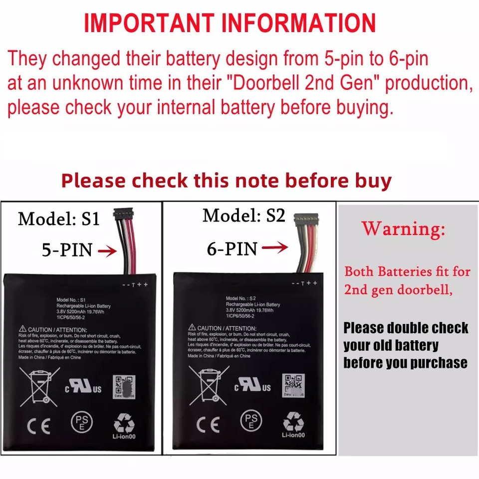 New Replacement Battery S1 / S2 For Ring Video Doorbell 2nd Generation ...