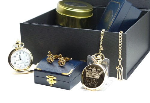 Engraved Royal Navy GIFT HAMPER Gold Pocket Watch and Anchor Cufflinks ...