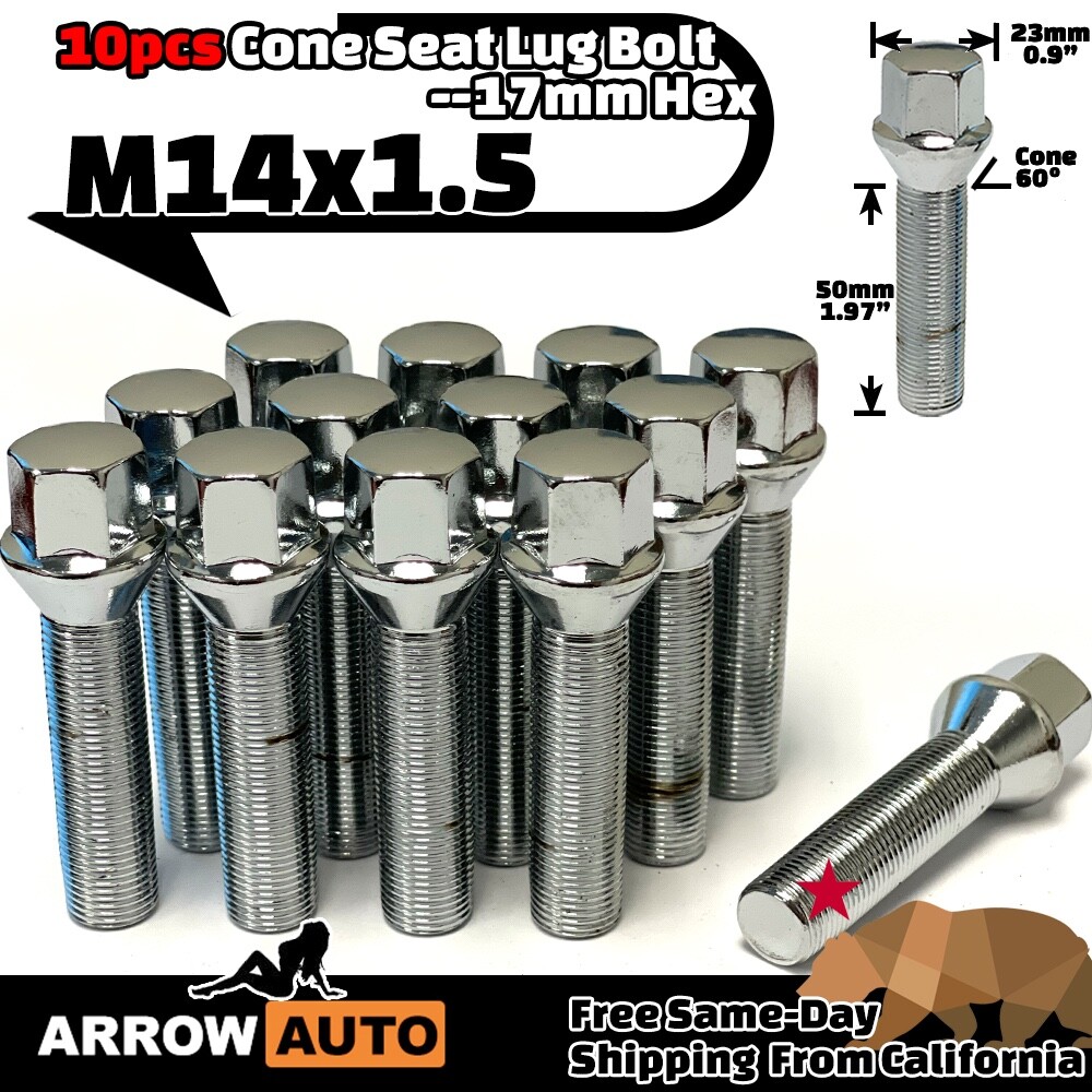 10x Chrome M14x1.5 Cone Lug Bolt 50mmShank/17mmHex Fits Ferrari Bugatti ...