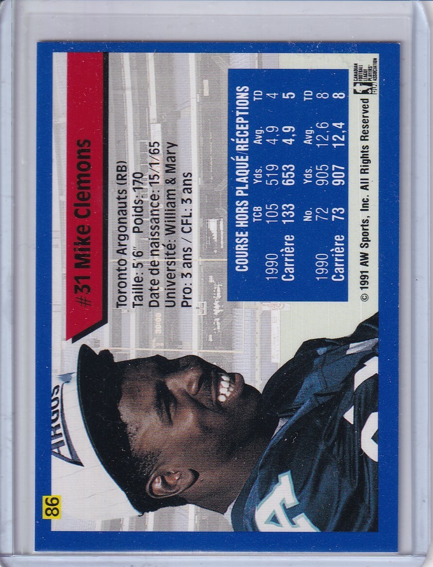 1991 AW SPORTS MIKE CLEMONS TORONTO ARGONAUTS CARD | eBay