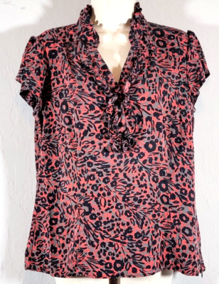 Classiques Entier Women L Orange Black Silk Blend Ruffle V-Neck Blouse ...