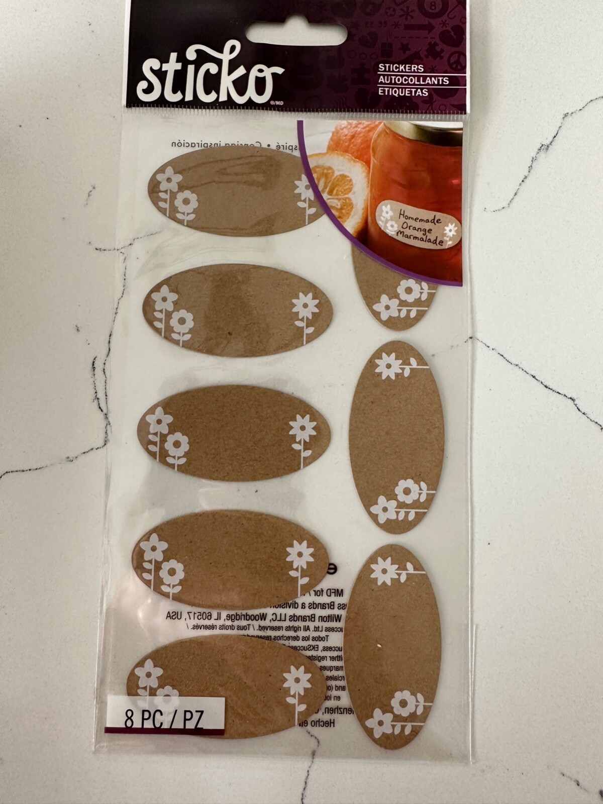 Sticko Dimensional 8 PC Kraft Jelly Jar Stickers Brown w/Flowers Bottle ...